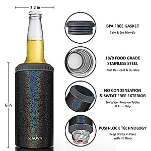 4 in 1 Insulated Slim Can Cooler with lid for 12 Oz Tall Skinny Can, Regular Can, Beer Bottle - Stainless Steel Double Walled Can Insulator Beer Coozy for Cans Koozie Coozies (Glitzy Black)