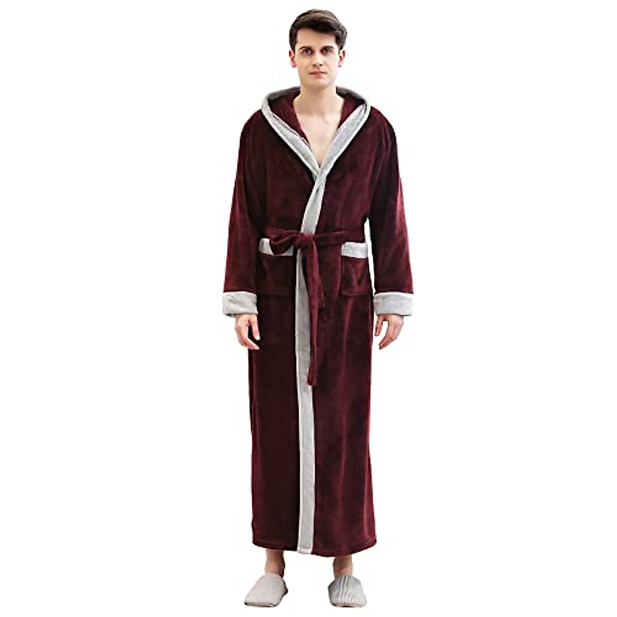 Hellomamma Mens Long Robes with Hood Full Length Hooded Bathrobe Fleece Plush Fluffy Housecoat Nightgown Wine Red
