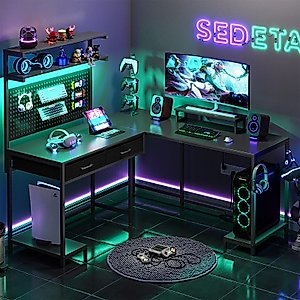 SEDETA L Shaped Gaming Desk with LED Lights, Pegboard and Drawers, Gaming Desk with Hutch, Computer Desk with Monitor Stand, Storage Shelves, Home Office Desk Corner Desk, Gaming Table, Black
