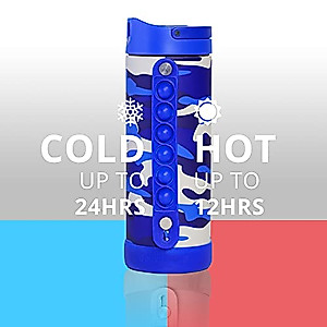 Elemental Iconic Pop Kids Water Bottle for School Girls and Boys | Triple Insulated Stainless Steel Thermos with Straw Lid & Fidget Handle | Flask Water Bottle | BPA free Tumbler, 14oz - Blue Camo