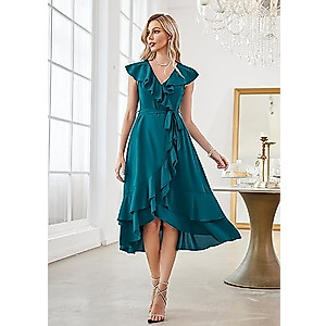 GRACE KARIN Wrap V Neck Long Bridesmaid Dresses for Wedding Sleeveless Ruffle Chiffon Formal Evening Party Dresses Blue Green