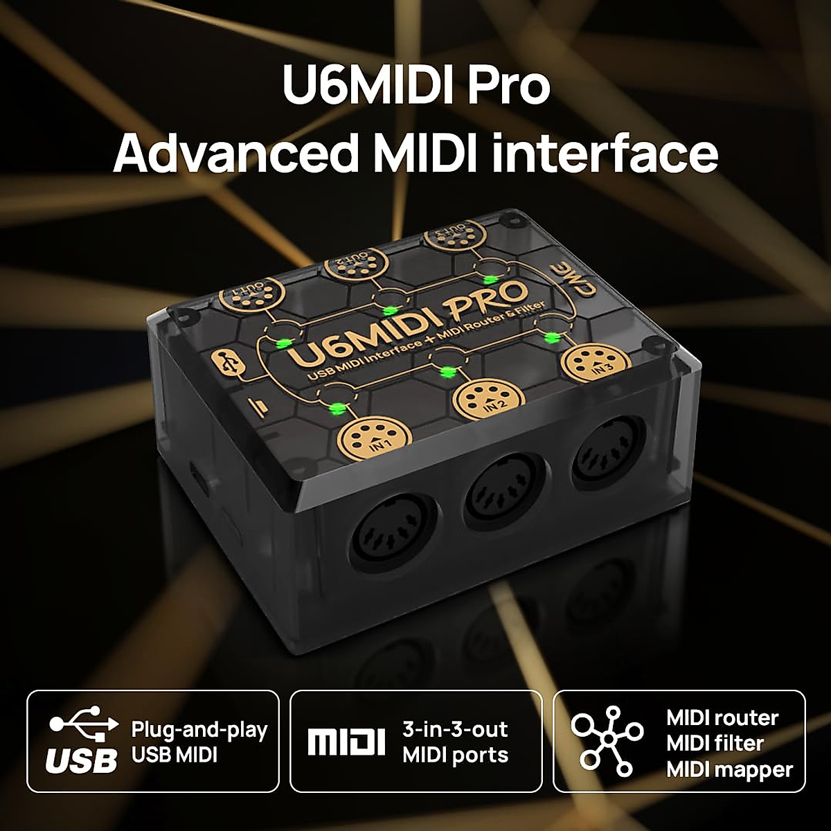 CME U6MIDI Pro - MIDI Interface with Router, Mapper, and Filter - Plug-and-play USB MIDI for computers - Standalone 3-in-3-out MIDI for Merge, Split, Thru