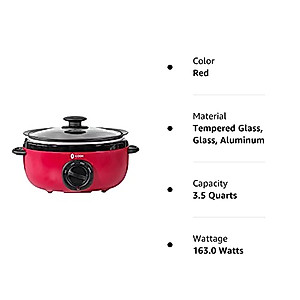 ICOOK USC-35-OP001RD 3.5 Quart Slow Cooker,Aluminium Sear/Sauté Stew Pot Stovetop safe,Dishwasher Safe,Glass Lid,Adjustable Temp,Food Warmer,Red