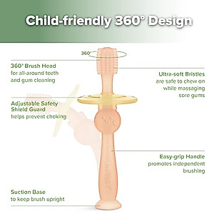 haakaa Infant Toothbrush, Easy to Hold 360° Baby Toothbrush, Train 6month+ Infants Babies and Toddlers for Oral Hygiene, Teether Effect for Sore Gums, 1pc (Pink)