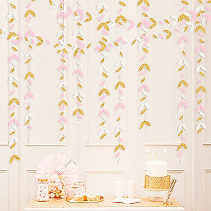 52 Ft Pink and Gold Party Decorations White Blush Gold Leaf Garland Paper Hanging Leaves Streamer Banner for Birthday Bachelorette Engagement Anniversary Wedding Bridal Baby Shower Hen Party Supplies