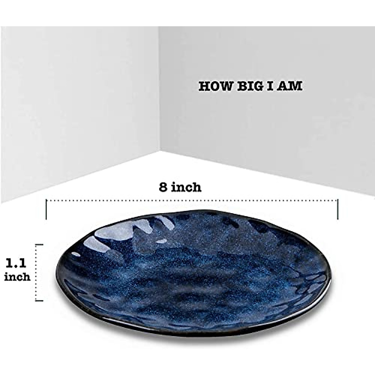 vicrays Ceramic Dessert Salad Plates, 8 Inch, Set of 6, Round, Microwave, Oven, and Dishwasher Safe, Scratch Resistant, Porcelain Fluted Suitable for Snacks, Appetizer, Home, Party, Restaurant (Blue)