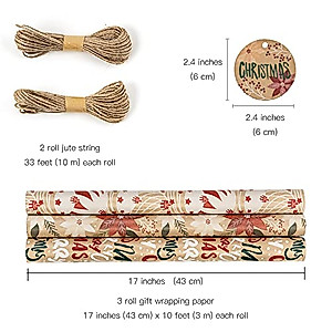 RUSPEPA Christmas Wrapping Paper Rolls with Tags and Jute String - 17 inches x 10 feet per Roll, Total of 3 Rolls
