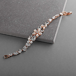 Mariell Pink Rose Gold Plated Cubic Zirconia Crystal Cultured Freshwater Pearl Bridal Wedding Bracelet
