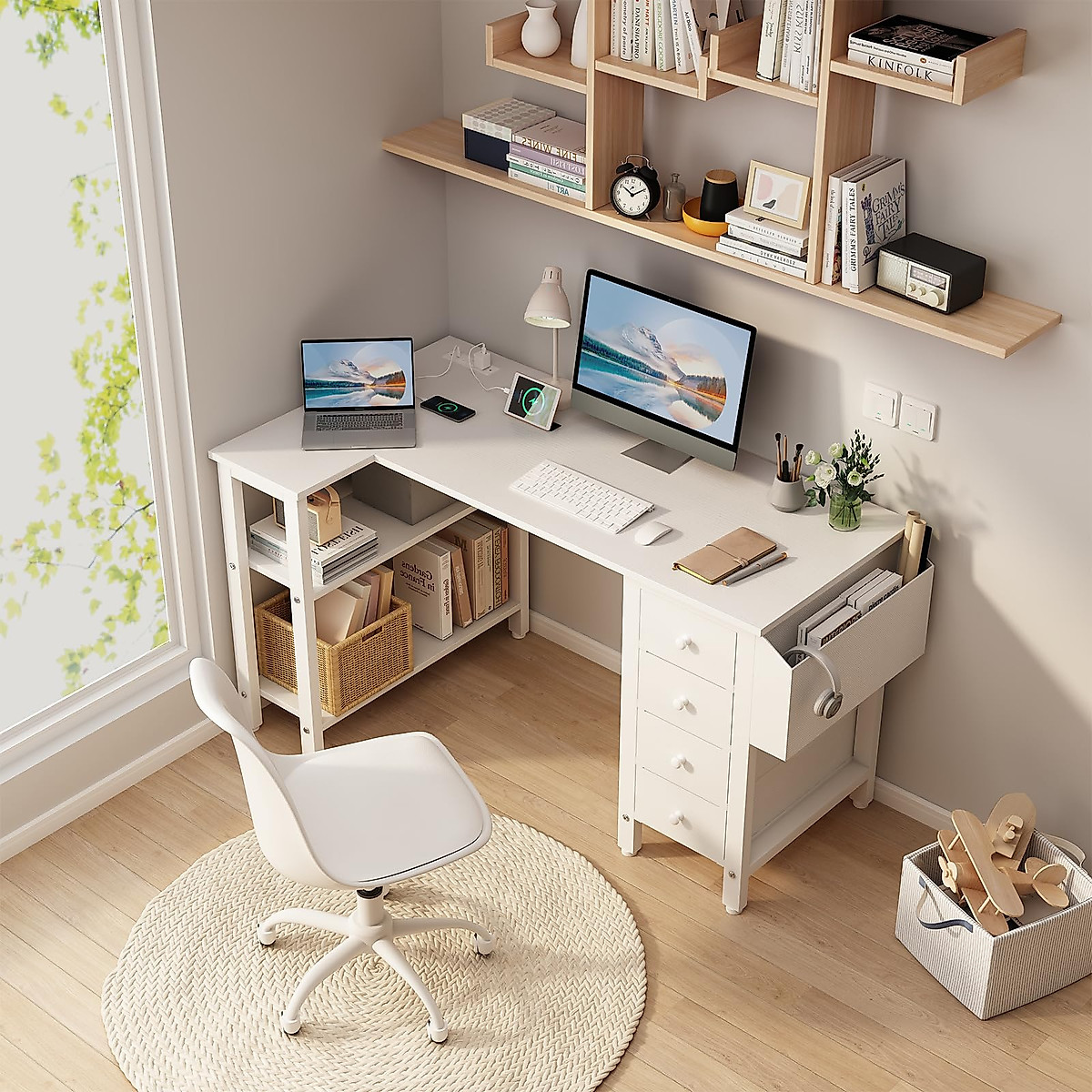 Lufeiya White L Shaped Computer Desk with Drawers & Storage Shelves, 47 Inch Corner Desk with Power Outlet for Home Office Bedroom, L-Shaped Teen PC Desks with Fabric Drawer, White