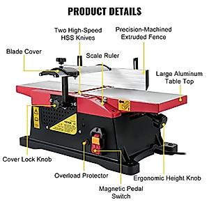 VEVOR Woodworking Benchtop Jointers 6inch with 1650W Motor,Heavy Duty Benchtop Planer Precise Cutterhead 2000rpm,2 Push Blocks Fence Depth Scale,Large Aluminum Work Table for Woodworking
