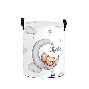 Teddy Bears on Clouds Personalized Laundry Basket,Custom Name Collapsible Waterproof Laundry Hamper Storage Bins with Handle for Clothes,Toys Nursery