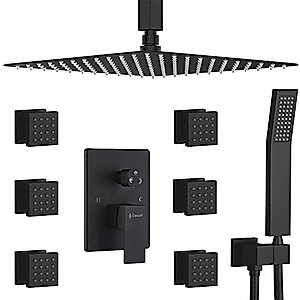 DASAN Full Body Shower System with 6 PCS Body Spray Jets & 12'' Rain Shower Head & Handheld, Ceiling Mount Rain Shower System Matte Black Shower Faucets Sets Complete with Valve, SA-SS03AMB-S12C