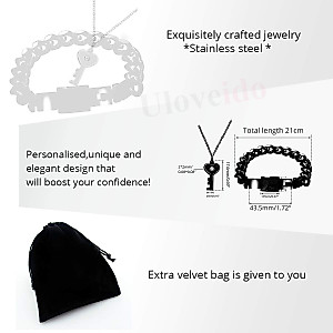 Uloveido Black Stainless Steel Couples Lock Bracelet and Key Pendant Necklace Matching Jewelry Set for Girlfriend Boyfriend Y808 (Black)