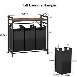 LAATOOREE Tall Laundry Hamper with Top Shelf, Laundry Basket with 3 Removable Laundry Sorter Bags, 3 Compartment Clothes Hamper for Laundry Room, Bedroom