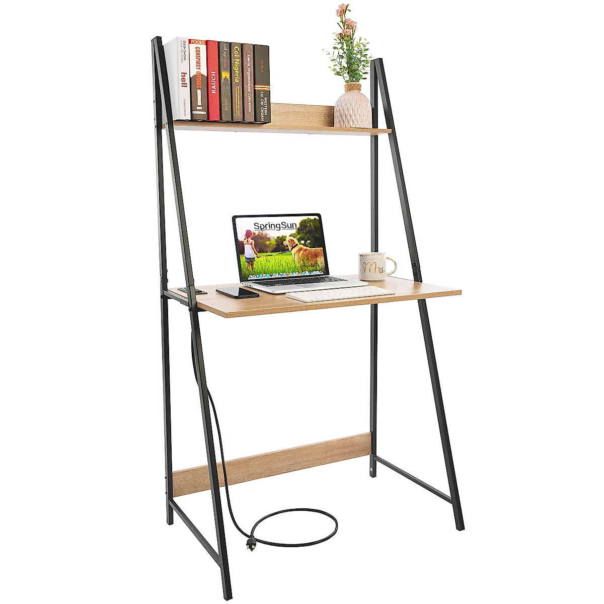 SpringSun Computer Desk with Power Outlet 2-Tier Ladder Computer Table with Storage Bookshelf, USB Charging Ports Modern Writting Table for Office and Home