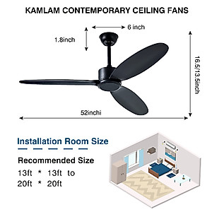 KAMLAM 52" Matte Black Ceiling Fan with Remote, Modern Ceiling Fans with Quiet Reversible DC Motor, 6 Speed, Timing, 3 Blades Ceiling Fan For Outdoor/Bedroom/Farmhouse/Patios