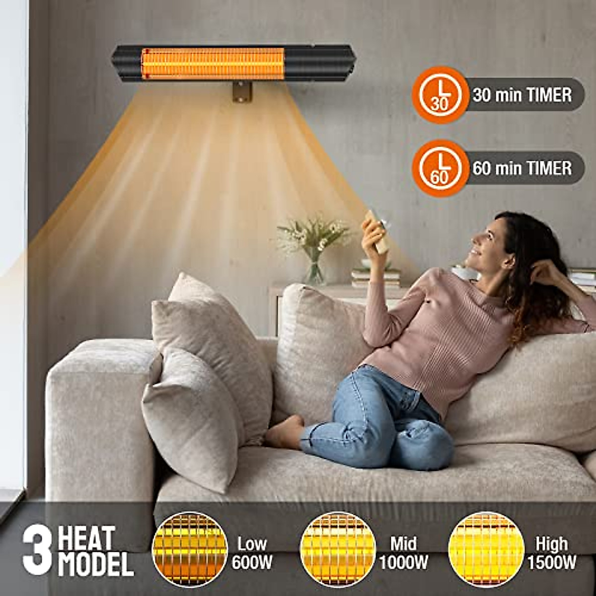 SIEANE Outdoor Patio Heater Electric Carbon Infrared Wall Mounted/Ceiling/Tripod 1500W Adjustable Temperature Instant Warm Heater with Remote Control IP65 Waterproof Heater for Garage Backyard