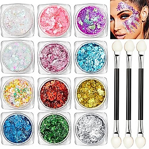 12 Colors Body Glitter Gel Kit, Super Long Lasting Holographic Chunky Glitter Gel Festival Party Makeup for Face, Body, Hair, Nail Art, Eyeshadow, 3Pcs Sponge Makeup Brush Include (Set A)