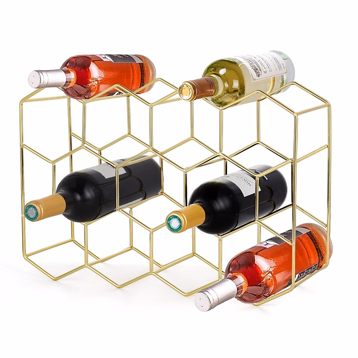 IKITEE Countertop Wine Rack, 14 Bottles Tabletop Wine Holder - No Assembly Required, 3 Tier Freestanding Gold Wine Bottle Organizer, Wine Storage Holder for Kitchen Cabinet Pantry Bar