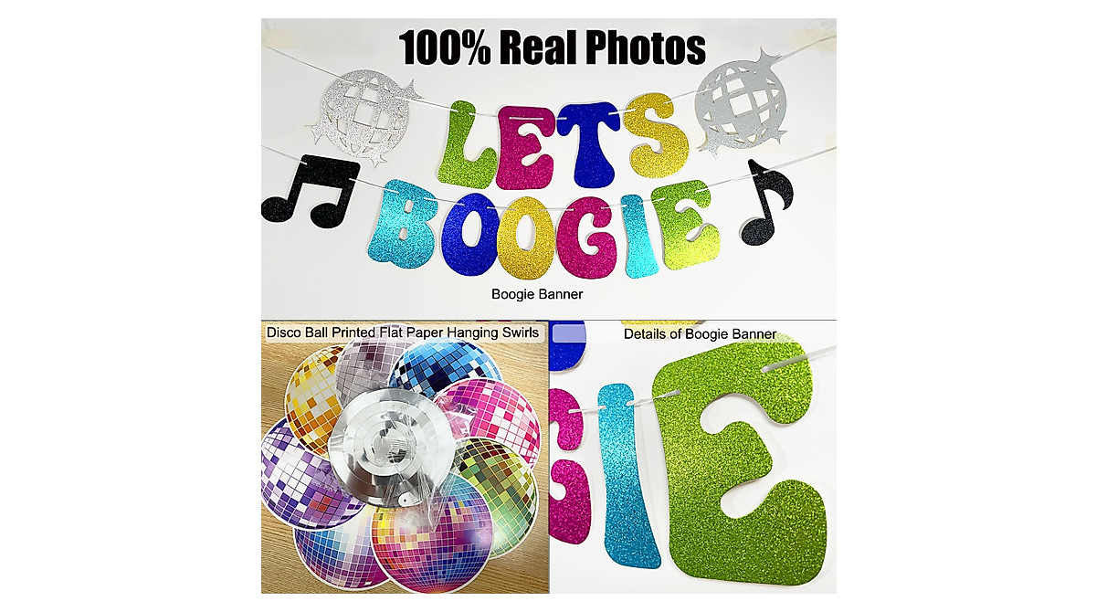80s 90s Disco Party Decor: Let's Boogie Banner & Swirls