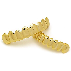 canjoyn 8 Teeth Grillz 18K Gold Top and Bottom Grills Set Shiny Hip Hop Teeth Grillz + Extra Molding Bars