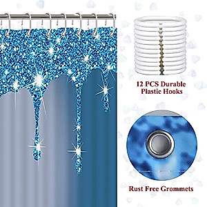 4Pcs Glitter Diamond Shower Curtain Sets Bathroom Set Decor with Non-Slip Rugs Bath U-Shaped Mat Toilet Lid Cover Blue Sliver Shiny Drip Bathroom Curtains Shower Set with 12 Hooks, 70.8×70.8