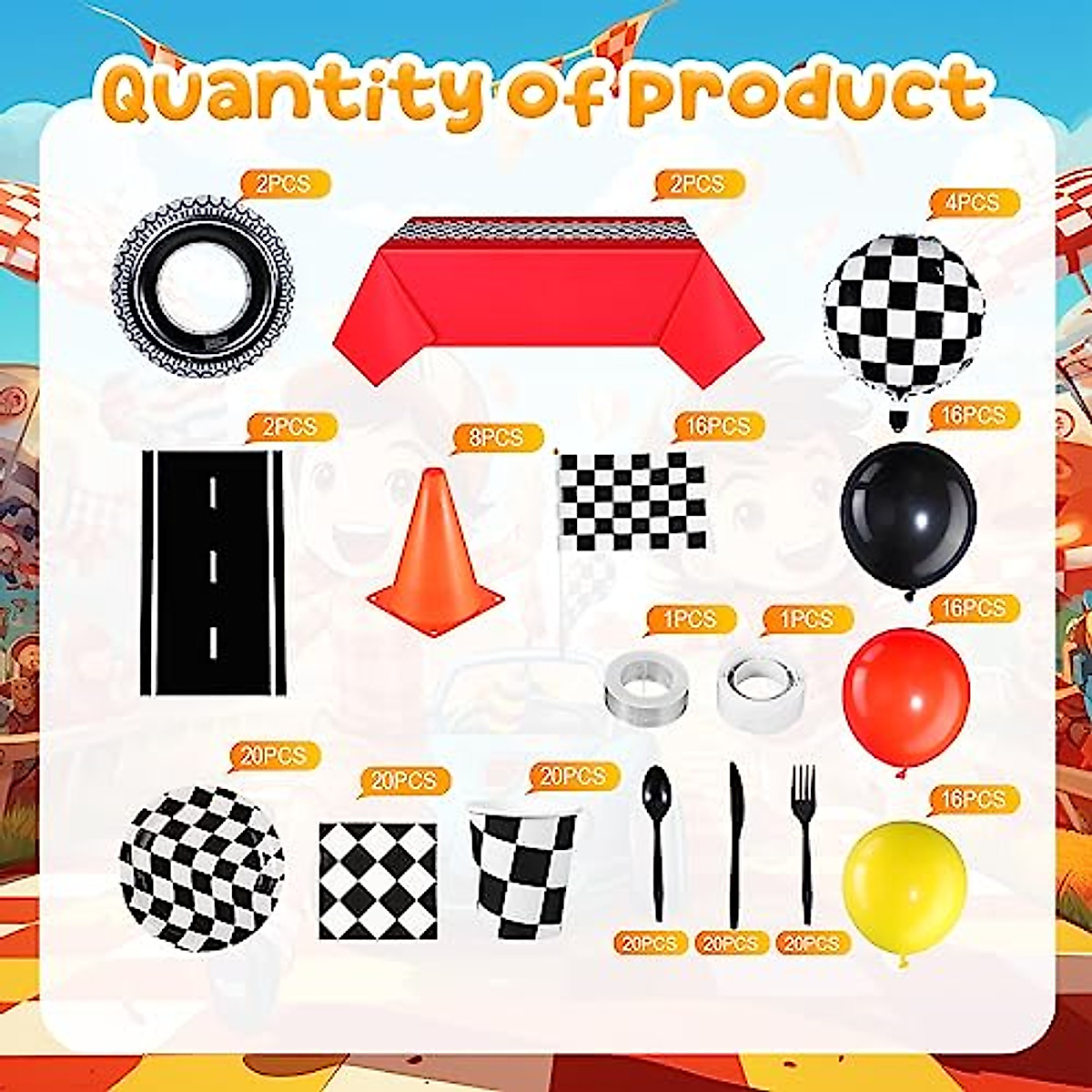 Irenare 205 Pcs Car Birthday Party Supplies Racing Party Decorations, Include 2 Tablecloth 3 Racetrack Runner 16 Traffic Cones 8 Checkered Flags 2 Wheels 52 Balloons Garland Arch 120 Racing Tableware