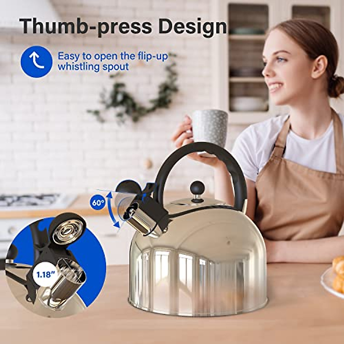 YSSOA Stainless Steel Whistling Tea Kettle, 3.17 Quart, Teapot for Stove top with Wide Mouth, Easy Pouring Spout and Ergonomic Handle, Silver