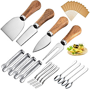 Cheese Knives Tools Set Mini Stainless Steel Cheese Knife with Wooden Handle, Serving Tongs, Spoons, Forks, and Toothpick Flags - Perfect for Parties, Weddings, and Christmas