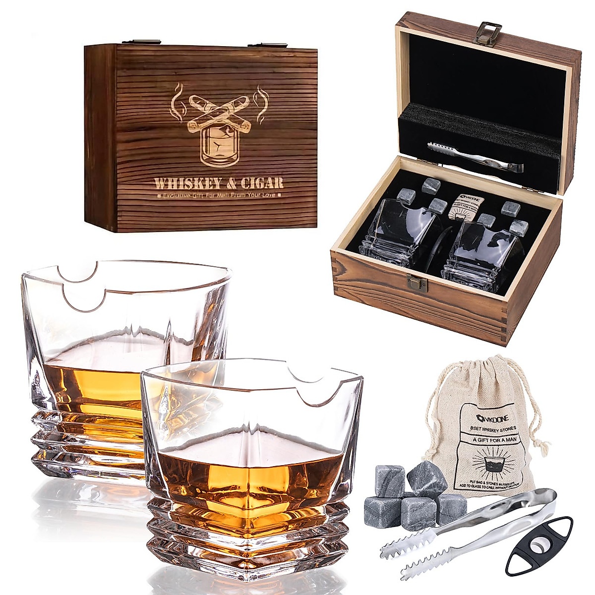 VKDONE Whiskey Glasses Gift Set of 2 Old Fashioned Crystal Square Glass, Whiskey Stone, Tongs, Velvet Pouch and Cutter, Great Gifts for Men, Dad, Husband, Whiskey Lover