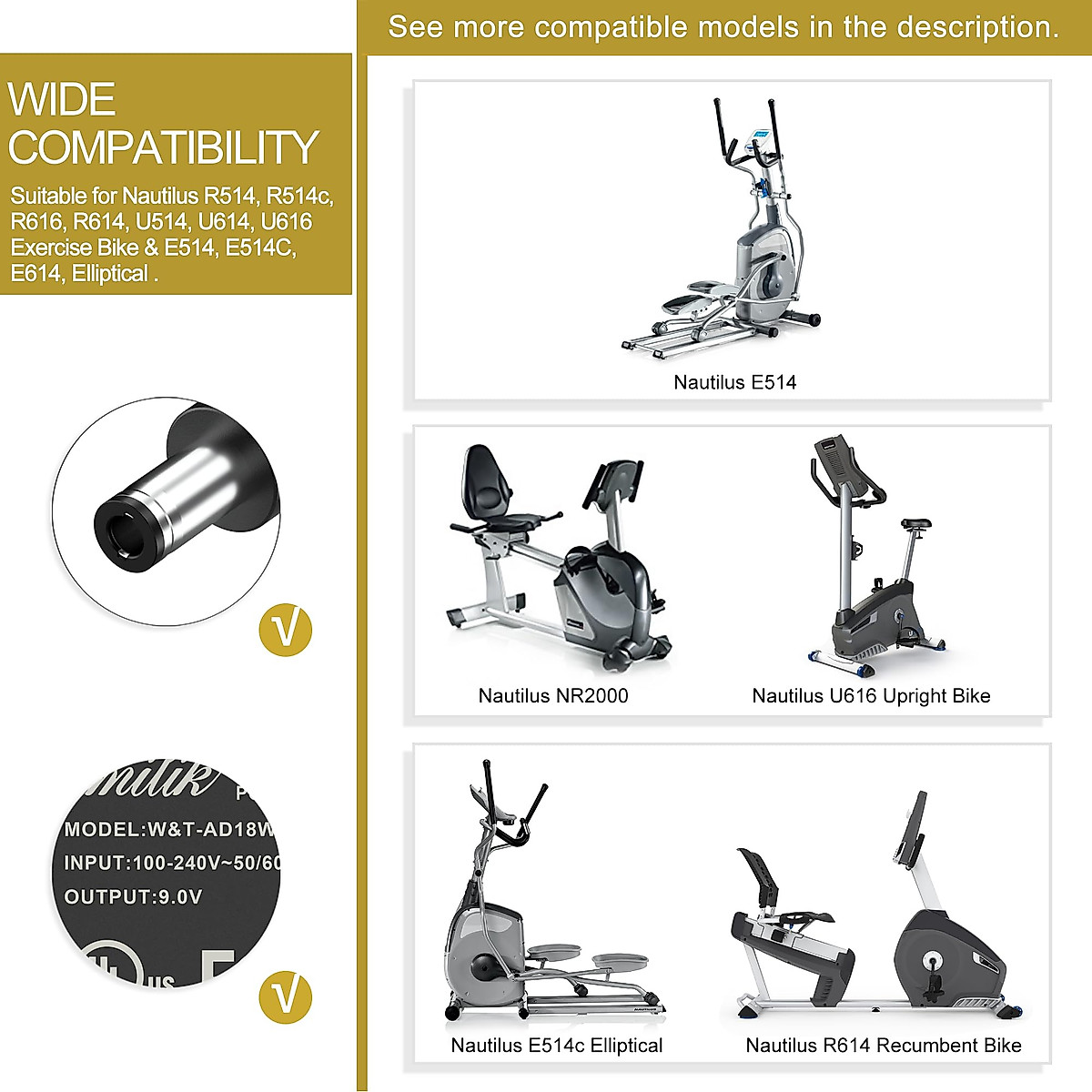 Omilik 9V AC Adapter Fits for Nautilus Elliptical R514 R514c R616 R614 R618 U514 U614 U618 E514 E514c Exercise Bike CY48-0901500 Nautilus 2000 NR2000 NB2000 Recumbent Trainer Exercise Upright Bike