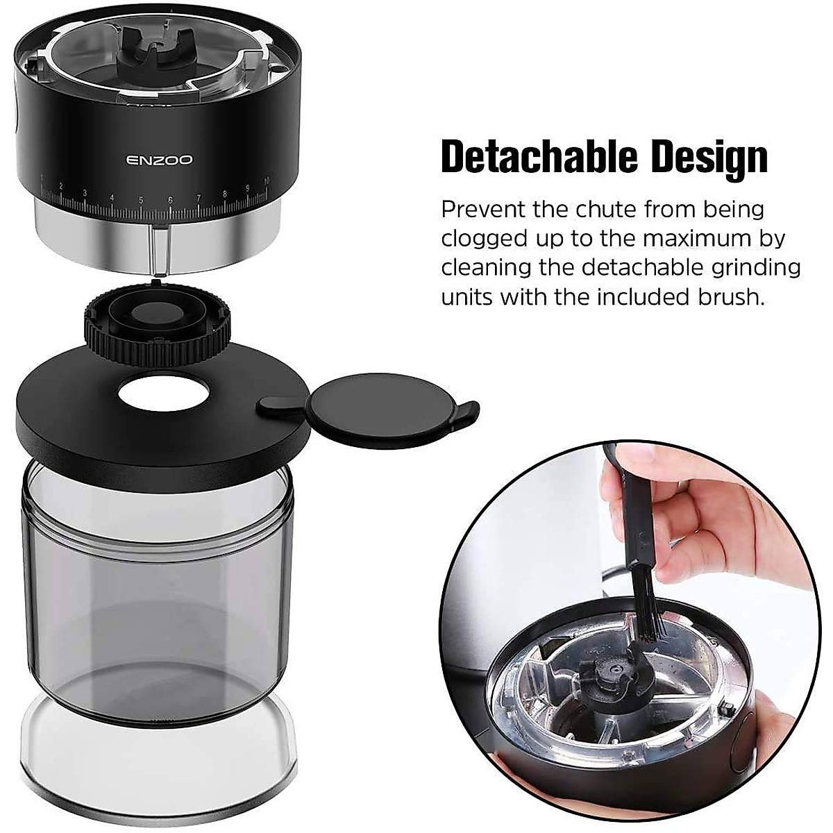 Conical Burr Coffee Grinder, ENZOO Electric Coffee Bean Grinder with Detachable Design for Easy Cleaning, 40 Precise Grind Setting for Espresso, Drip Coffee, French Press and Percolator Coffee