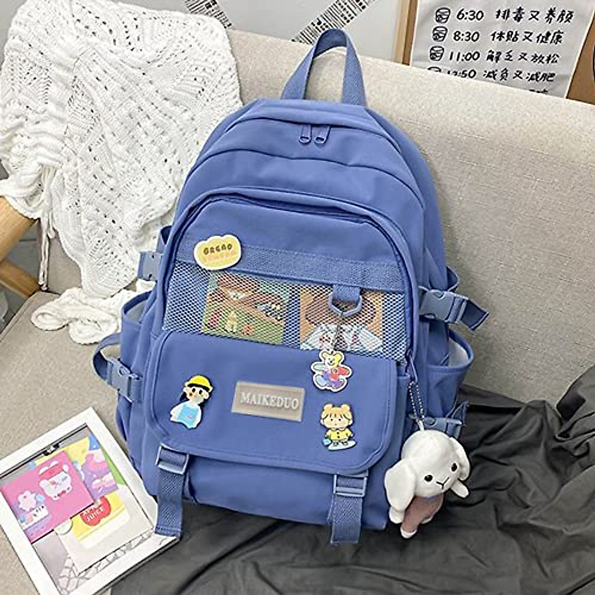 KOVPIFB Kawaii Backpack Aesthetic School Bags for Teen Girls Bookbag with Cute Plush Pendants Large Capacity Laptop Bag Blue
