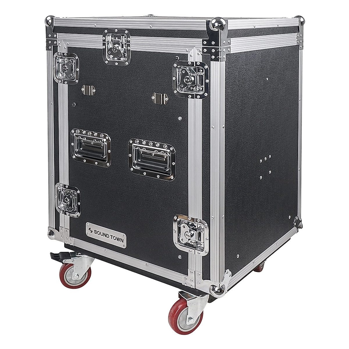 Sound Town 14U PA DJ Rack/Road ATA Case with 11U Slant Mixer Top, 20’’ Rackable Depth, 2 DJ Work Tables and Casters, 14-Space Size, Pro Tour Grade (STMR-14UWT2)