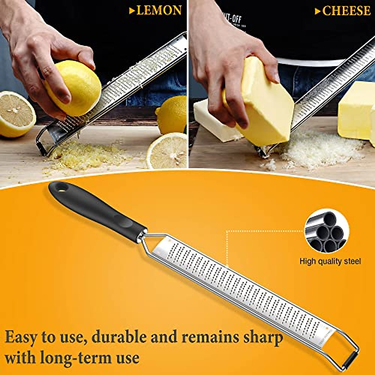 Lemon Zester & Cheese Grater – A Sharp Kitchen Tool for Parmesan, Ginger, Garlic, Nutmeg, Chocolate, Vegetables, Fruits - Stainless steel, Black
