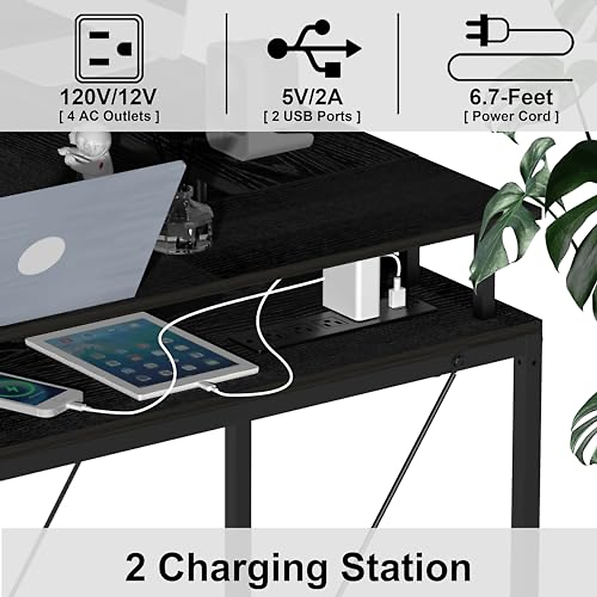 VEDECASA L Shaped Computer Desk Gaming Desk with Power Outlets & LED Light Reversible U Shaped Corner Desk Home Office with Fabric Drawers Storage Stand Monitor Riser (Black)