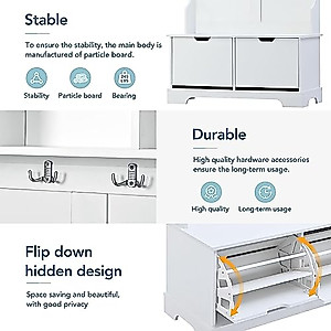 CuisinSmart All in One Hall Tree with 3 Top Shelves and 2 Flip Shoe Storage Drawers, Entryway Coat Garment Rack Storage, Hall Tree with Bench and Shoe Storage, White