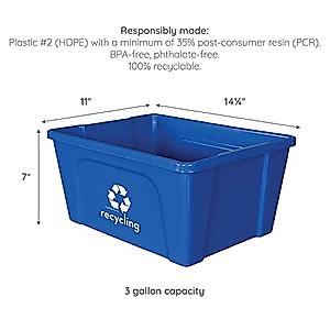 Recycling Rules Low-Profile 3 Gallon Deskside Recycling Bin Container, Perfect for Office Paper and Home Recycling, Eco-Friendly BPA-Free, in Blue, 4-Pack