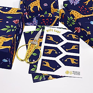 CENTRAL 23 Blue Wrapping Paper - Giraffe and Mushroom - Jungle Themed - 6 Sheets Gift Wrap - For Birthday, Chritmas, Holiday, Baby Shower - Comes With Fun Stickers