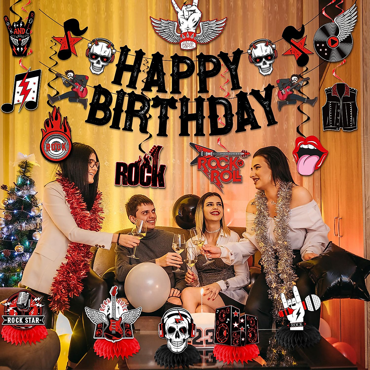 LARRAZABAL Rock and Roll Birthday Party Decorations Music Themed Party Decorations Include Happy Birthday Banner Hanging Swirls and Honeycomb Centerpiece Rock and Roll Baby Shower Supplies
