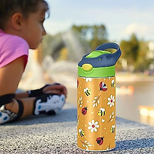 Kcldeci Insulated Water Bottle with Straw for Sports and Travel Cute Bees Ladybug Sports Water Bottles Keep Cold for 24 Hours and Hot
