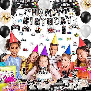 Gamer Birthday Party Decoration - 275Pcs Black White Video Game Gaming Party Supplies For Boys Birthday Party - Table Cover, Plates, Cups, Napkins, Utensils, Hanging Swirls, Birthday Banner, Cupcake Topper, Cake Topper, Stickers, Bracelets & Balloons Serv