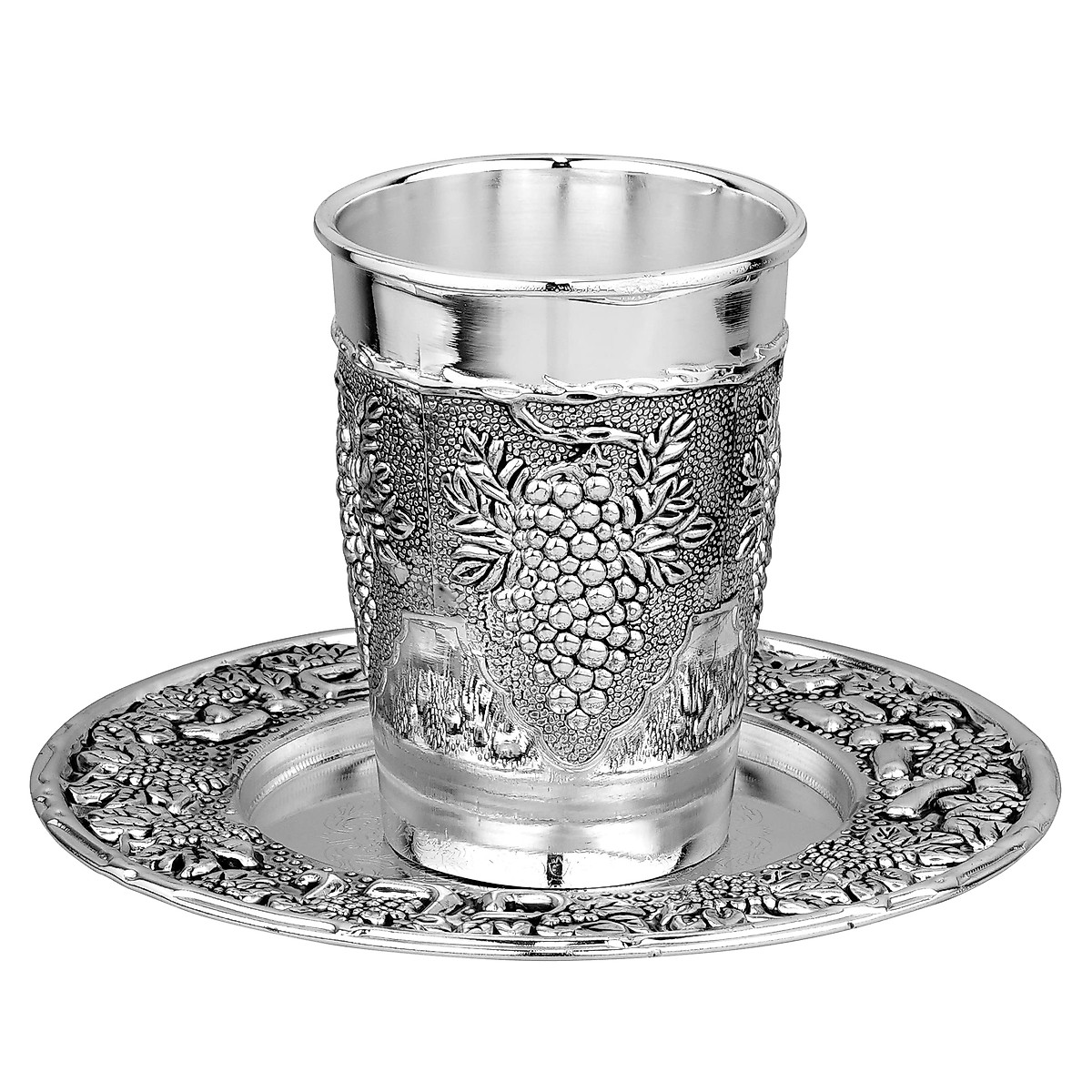 BOKER-TOV SHALOM Silver Plated Kiddush Cup Set - Premium Kiddush Wine Cup and Saucer for Shabbat, Havdalah, Passover - Judaica Shabbos and Holiday Gift