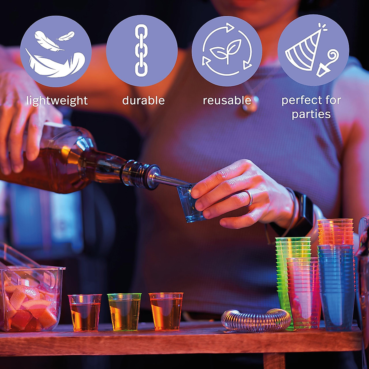 MATANA 150 Neon Plastic Shot Glasses (1oz), Party Shot Cups for Wine Tasting, Condiments, Sauce, Jello Shots & More - Sturdy & Reusable