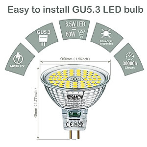 WSMCN MR16 GU5.3 LED Bulbs, Daylight Bright Cool White 6000K 700 Lumens Lamp, Non-dimmable, 6.5W Equivalent to 60W Halogen, AC/DC 12V LED Spotlight Bulb, 120° Beam Angle, Pack of 6
