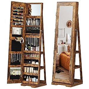 SDHYL Mirror Jewelry Cabinet Standing, 360° Swivel Mirror with Storage Full Length with Jewelry Storage,Jewelry Organizers and Storage Makeup Storage with Lock, Best Gift for Wife & Girls, 63"x15"