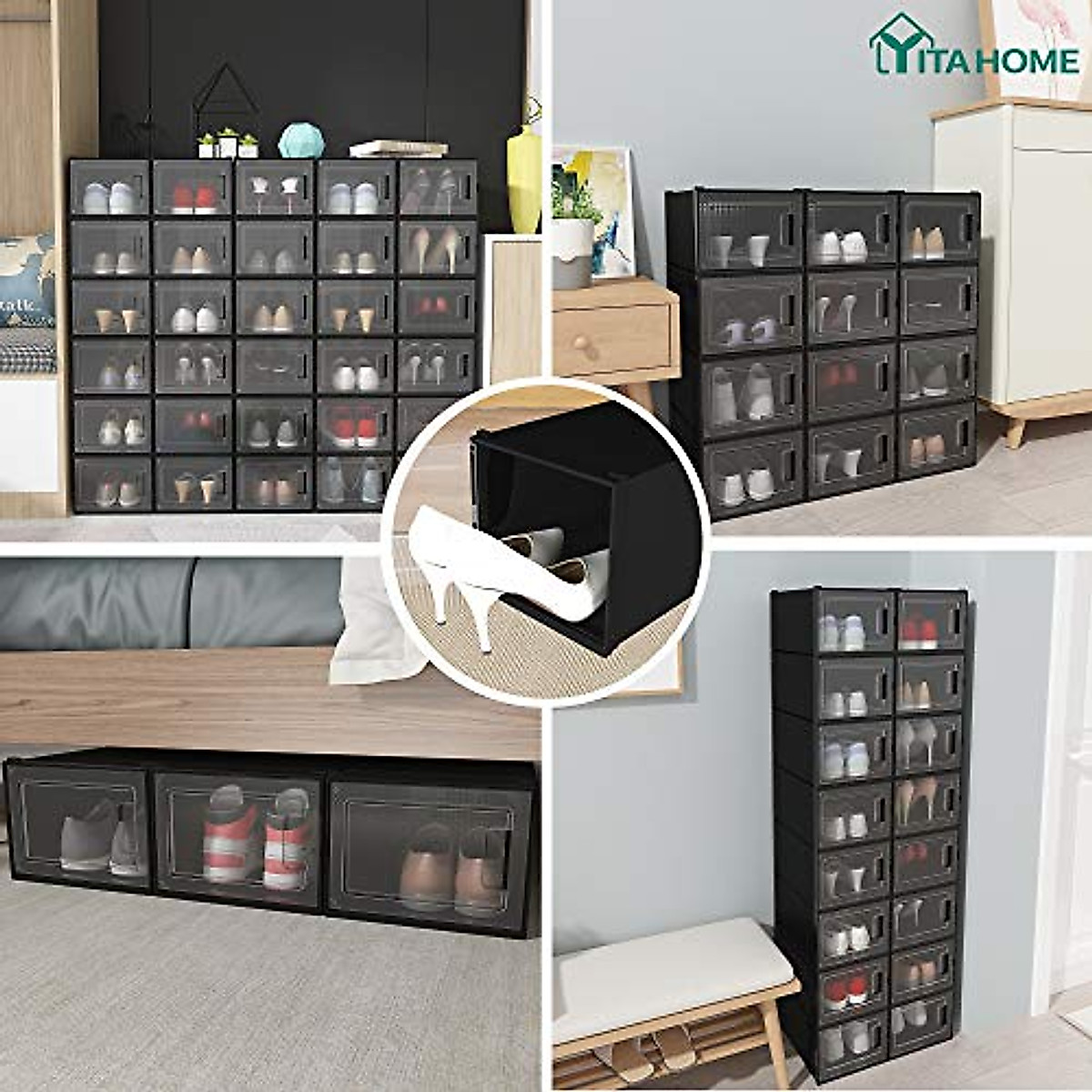 YITAHOME Shoe Storage Box, Set of 6 Shoe Storage Organizers Stackable Shoe Storage Box Rack Clear Drawer-Black