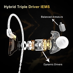 BASN MMCX in Ear Monitor Headphones,Triple Driver IEM in-Ear Earphone for Musician Drummer, Noise-Isolation HiFi Stereo Earbuds with Two Detachable Cables(Golden Obsidian)