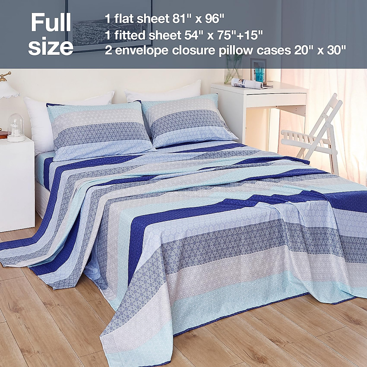 JSD Striped Sheet Set Full Size, 4 Piece Soft Printed Microfiber Sheet Set Extra Deep Pocket