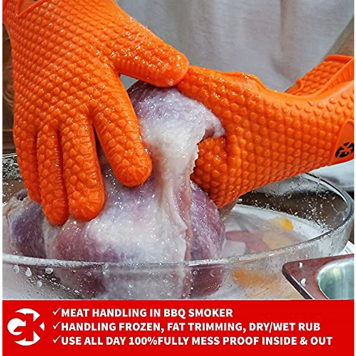 GK’s Premium BBQ Dream Set: 100% Mess Proof Silicone BBQ Smoker Gloves for BBQing All Day Plus Super Sharp Solid Meat Claws for Shredding Plus Silicone Basting Brush | Smoker Accessories for Men and Women (Orange)